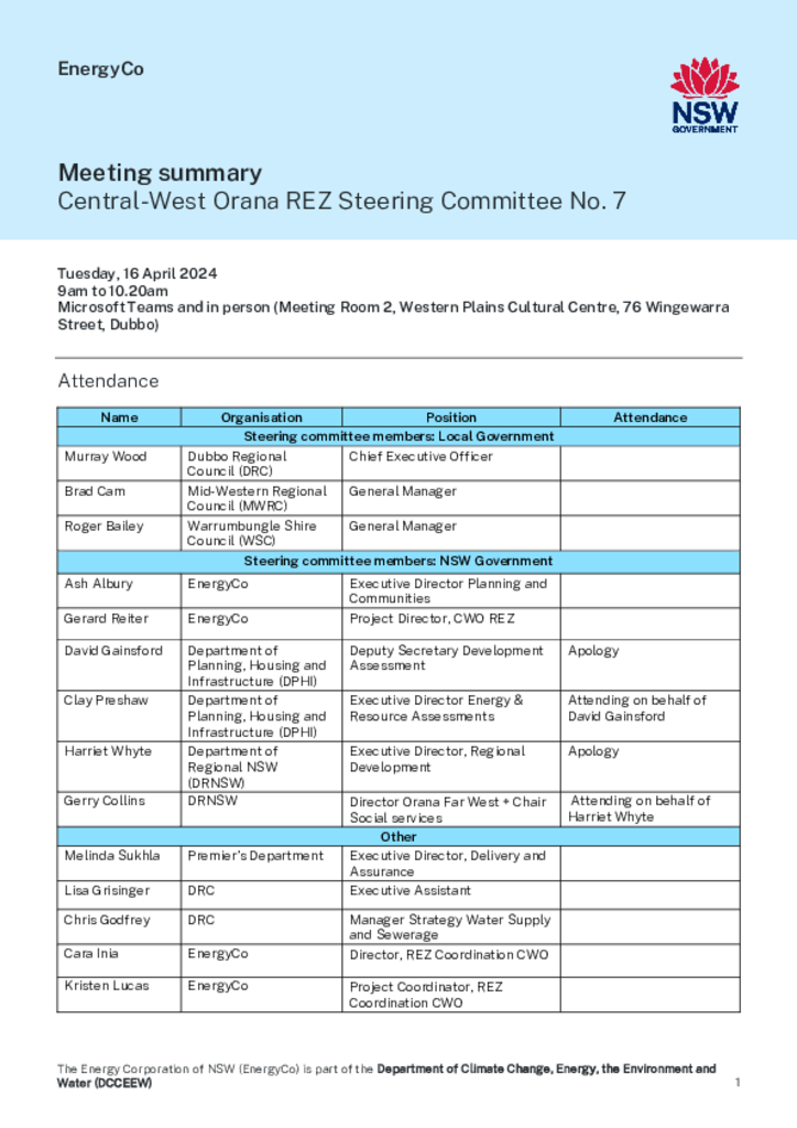 Central-West Orana REZ Steering Committee No. 7 - Meeting Summary | EnergyCo